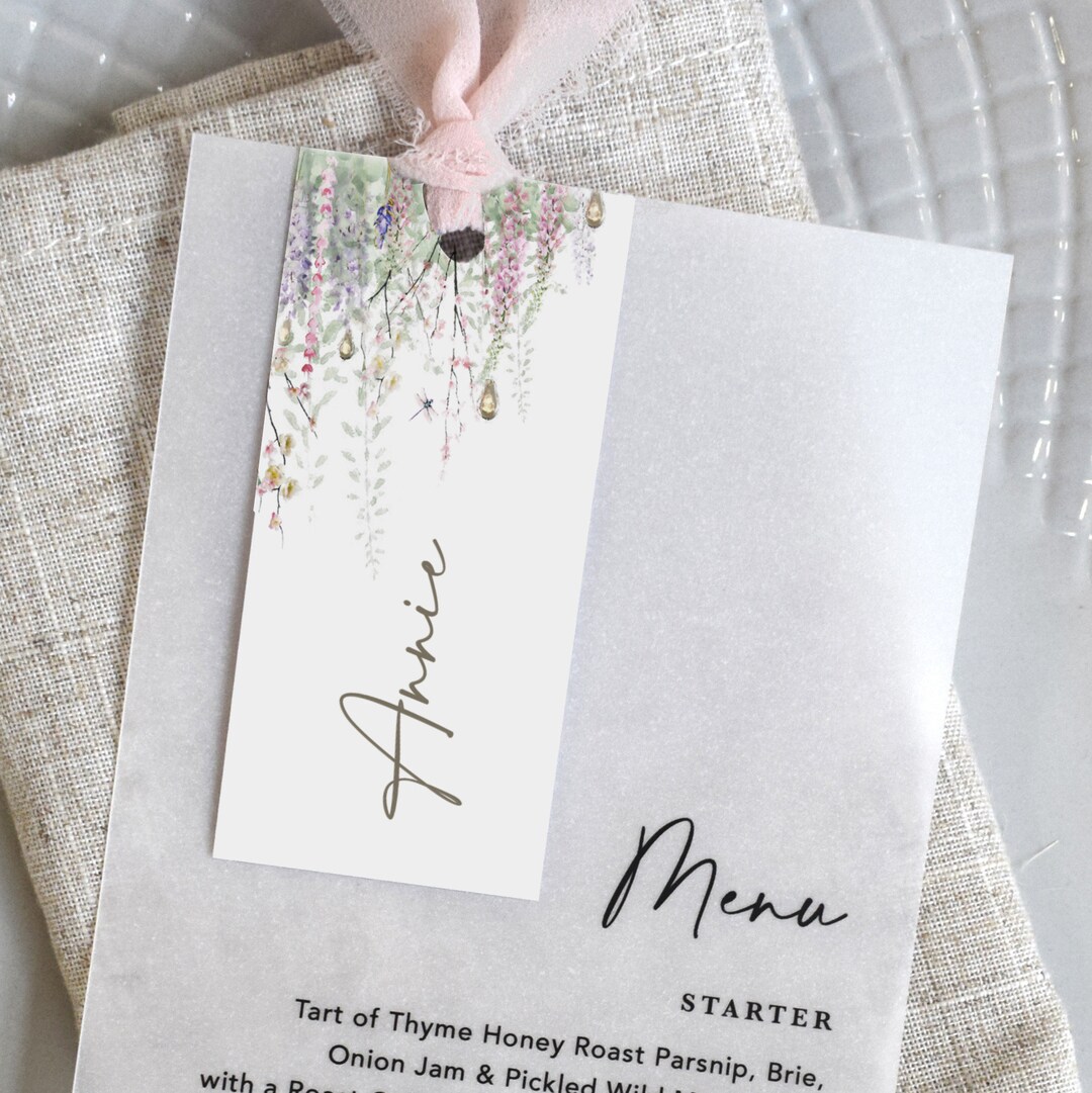 Rustic Wedding Menu & Guest Name Tag Tied With Raw Edge Ribbon ...