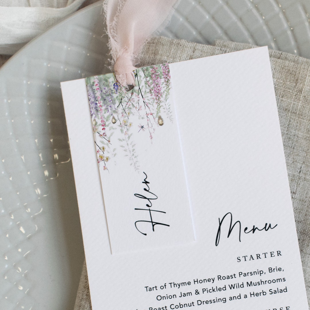 Wedding Menu & Guest Name Tag Tied With Raw Edge Ribbon. 'whimsical ...