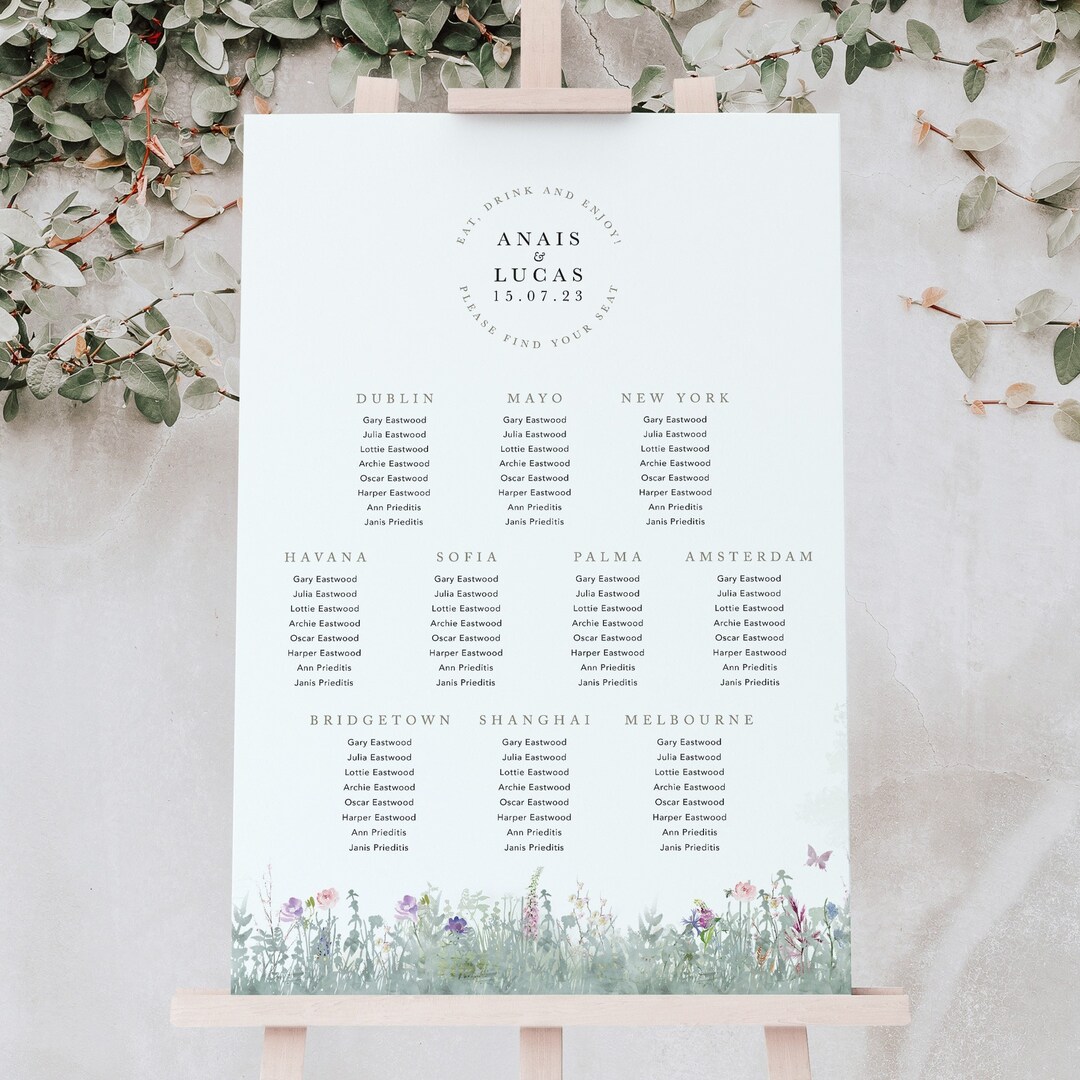 Minamalist Wedding Table Plan, Modern Wedding Seating Chart, Wildflower ...