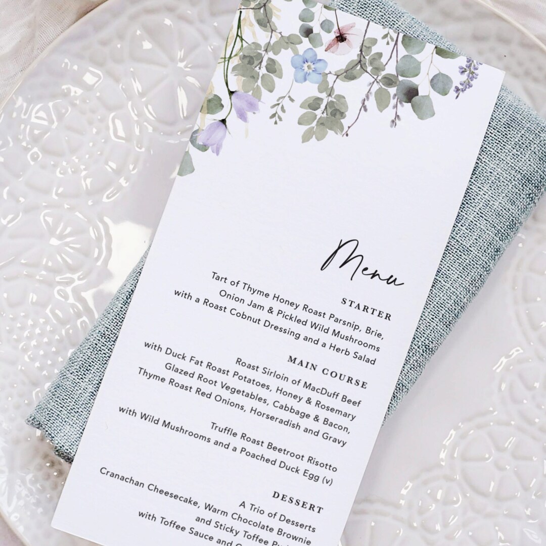 Periwinkle Foliage Wedding Menu Card: Rustic Elegant Design - Etsy