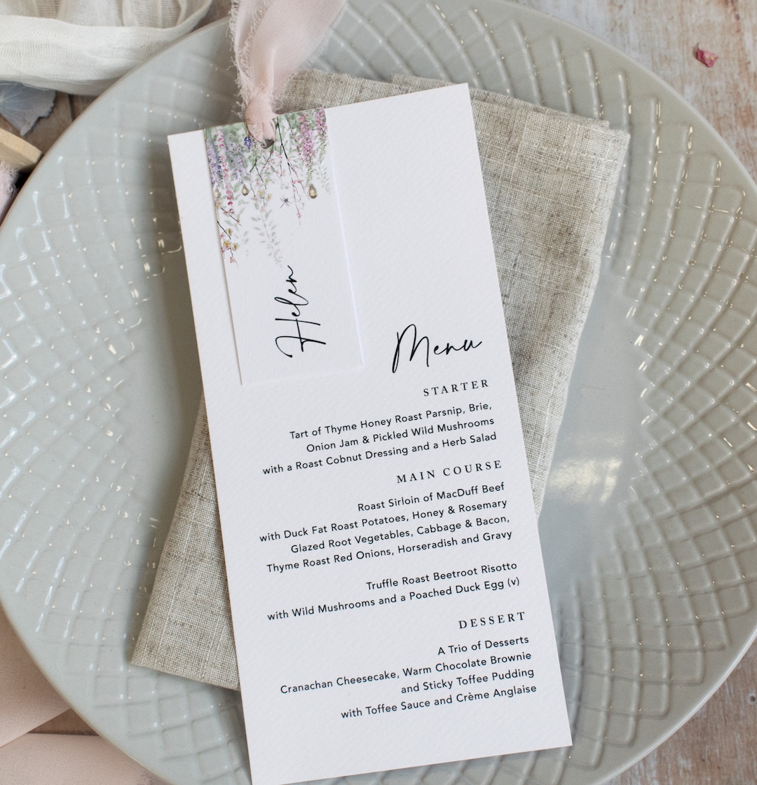 Ribbon Wedding Menu With Guest Name Tag, Personalised Wedding Menu and ...
