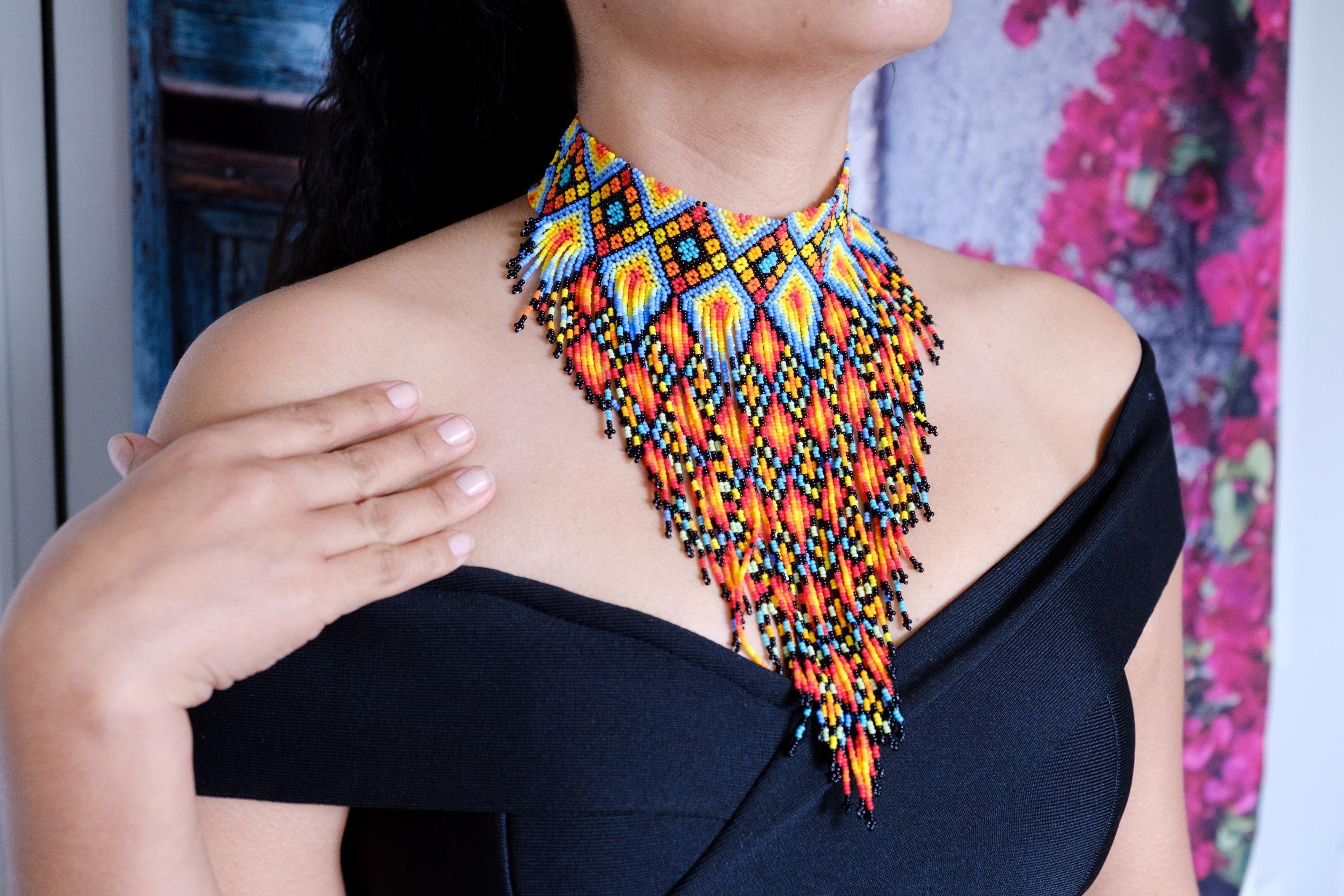 Handmade Beaded Choker Necklace - Traditional Mexican Huichol Style ...
