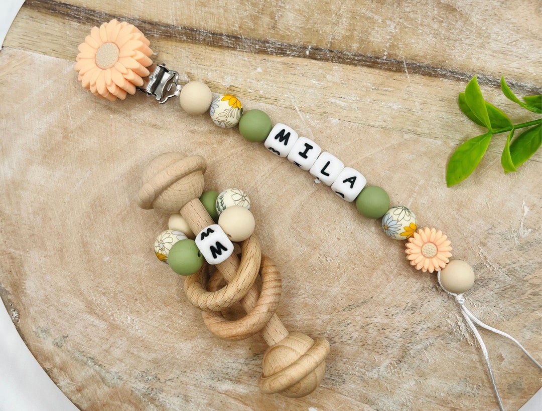 Personalized Peach Colored Flower Pacifier Clip With Matching Rattle ...