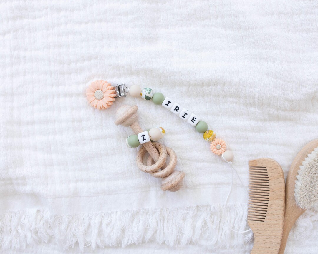 Personalized Peach Colored Flower Pacifier Clip With Matching Rattle ...