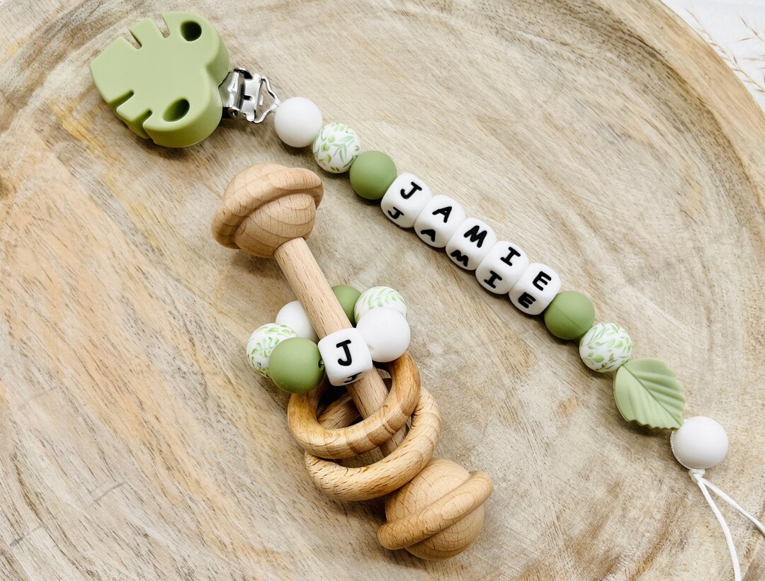 Personalized Leaf Pacifier Clip With Matching Rattle Ring, Custom ...