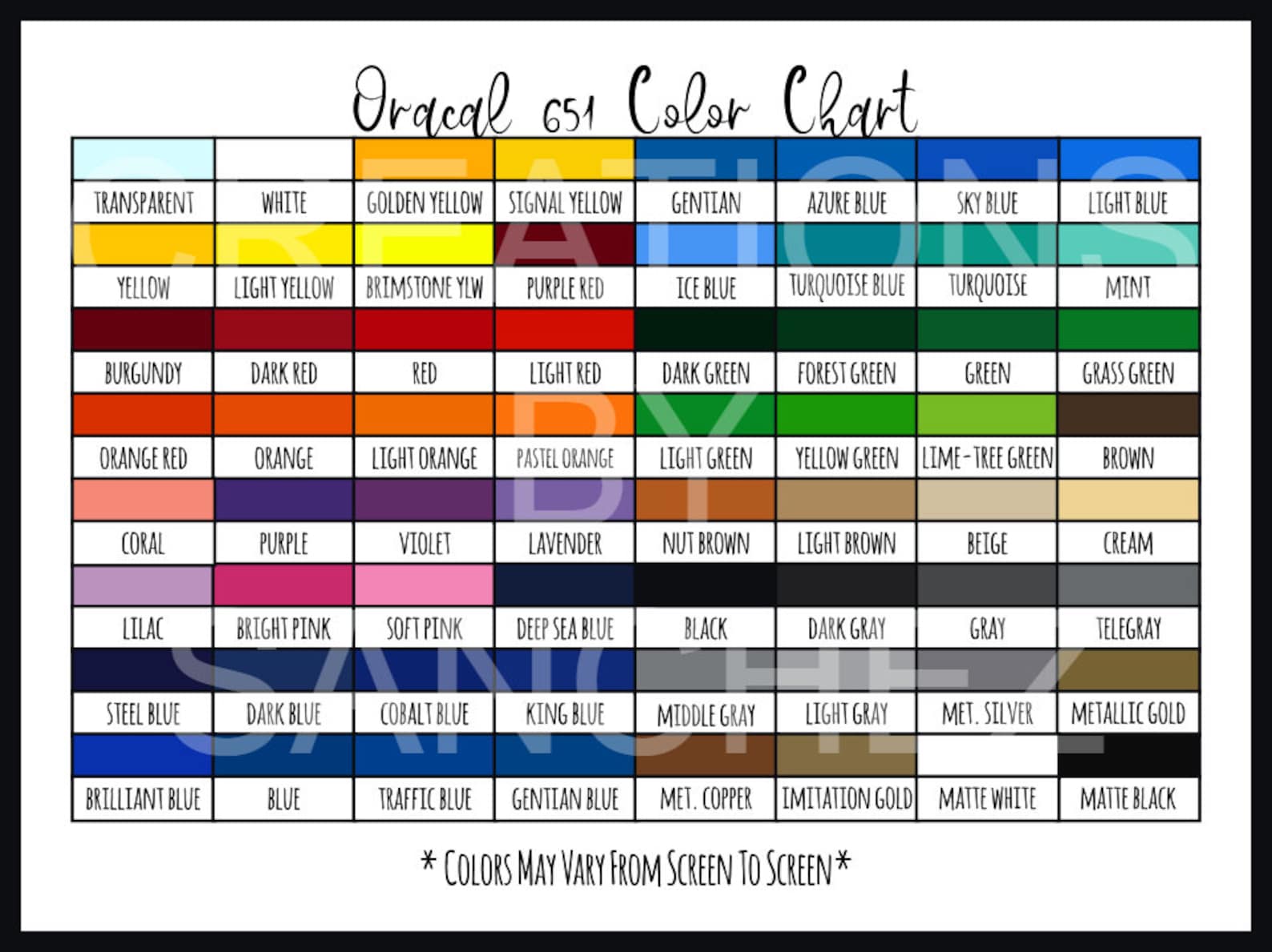 Oracal, Oracal 651 Vinyl Color Chart, Digital Download, 651, SVG, PNG ...