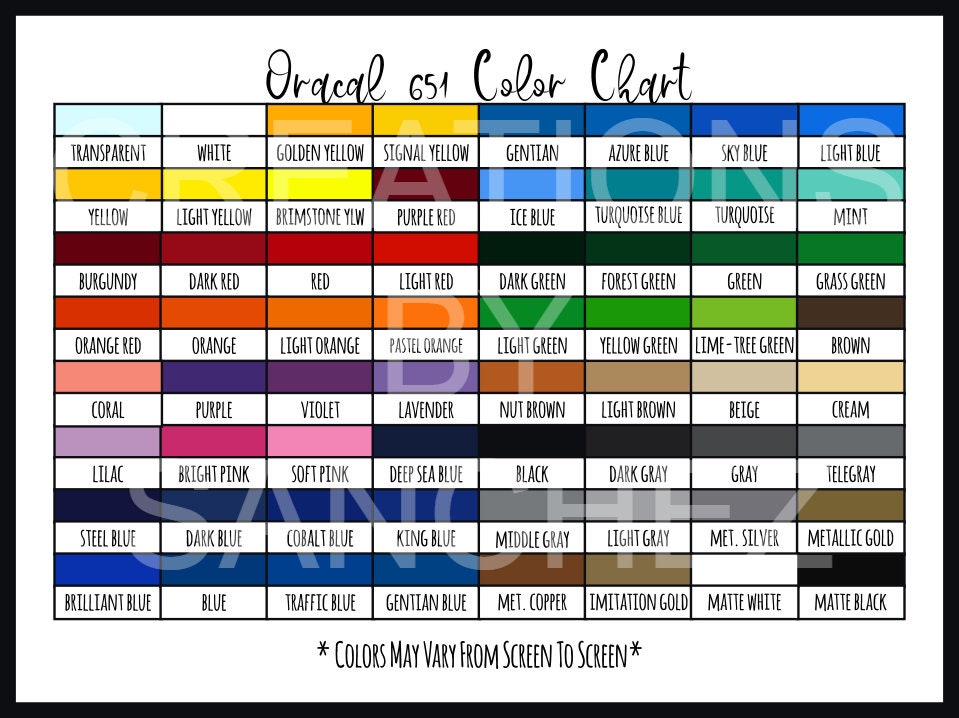 Oracal Oracal 651 Vinyl Color Chart Digital Download 651 - Etsy España