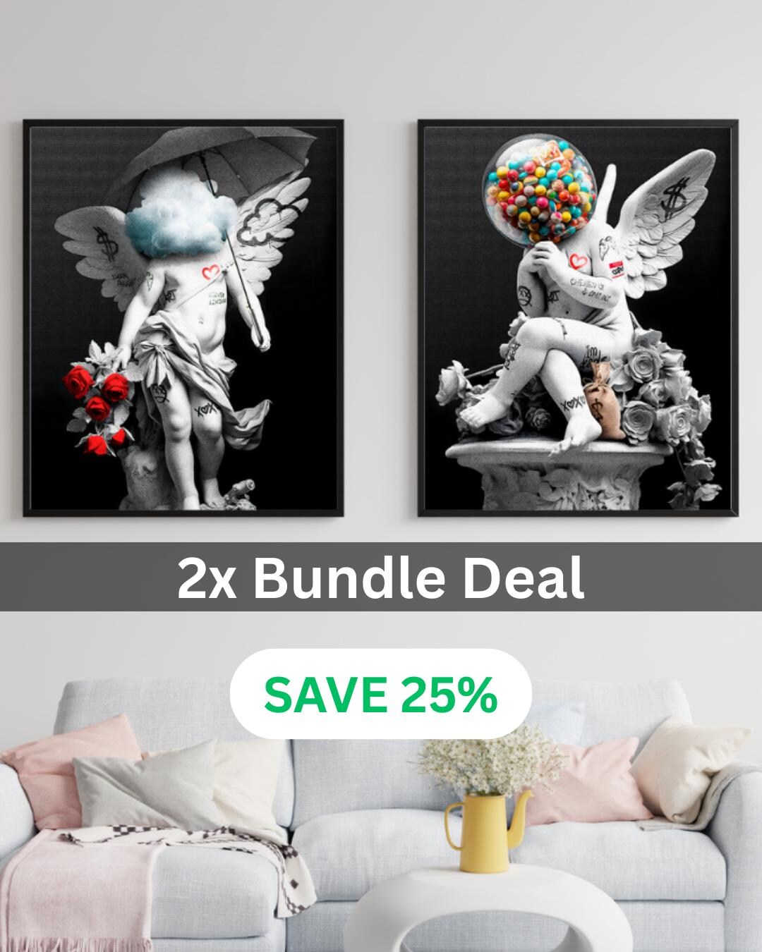 Urban Angel Graffiti Art Print Set: Modern Cherub Wall Decor, Black ...