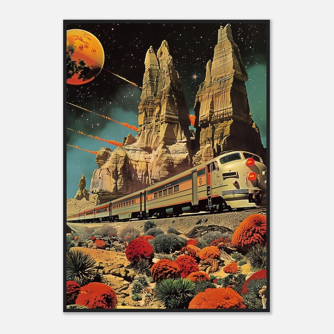 Retro Futuristic Train Ride Through Alien Desert With Mars Planet ...