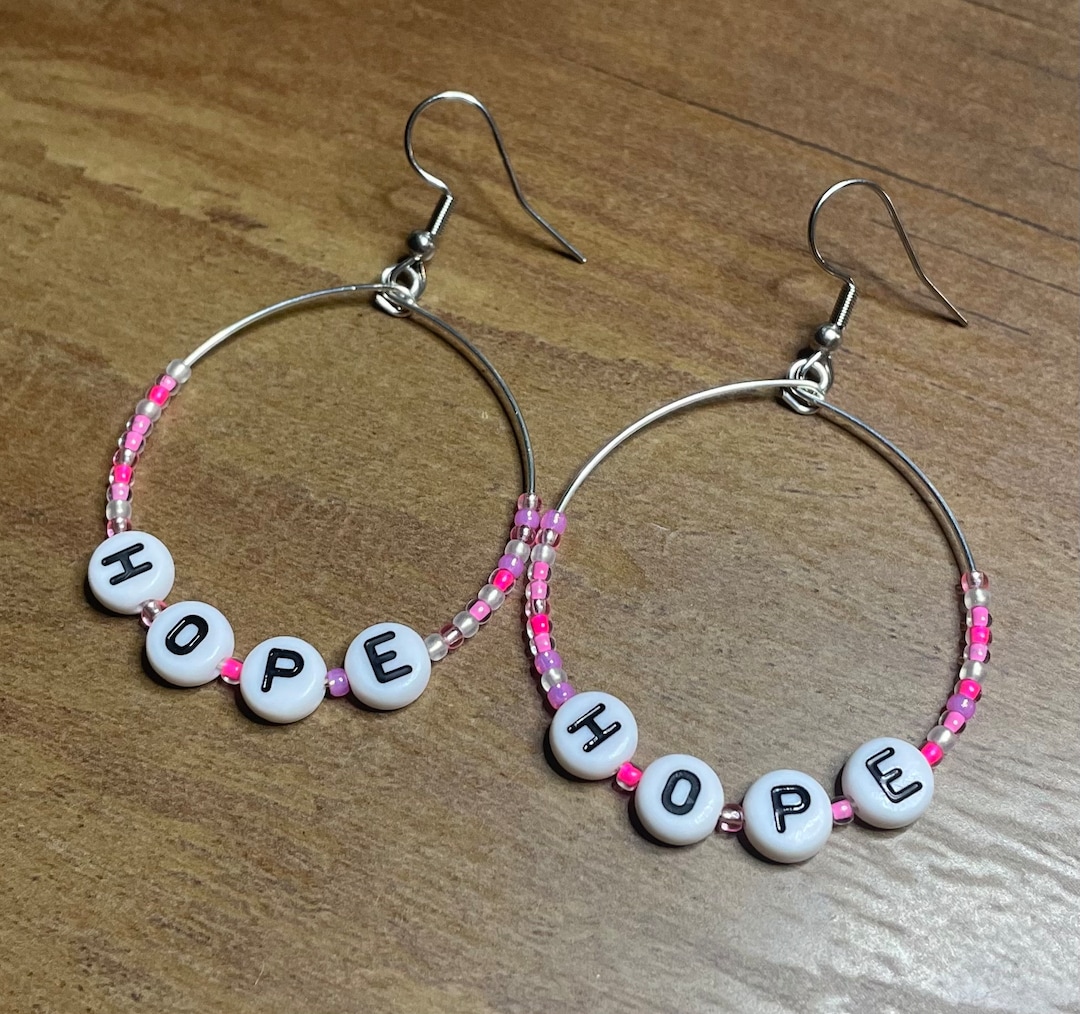 Word Earrings Word Beaded Hoops Beaded Hoop Earrings Breast Cancer ...