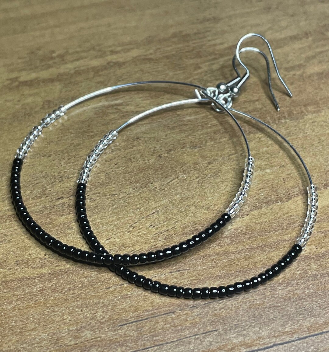 Beaded Hoops Large Beaded Hoops Beaded Hoop Earrings Black and Silver ...