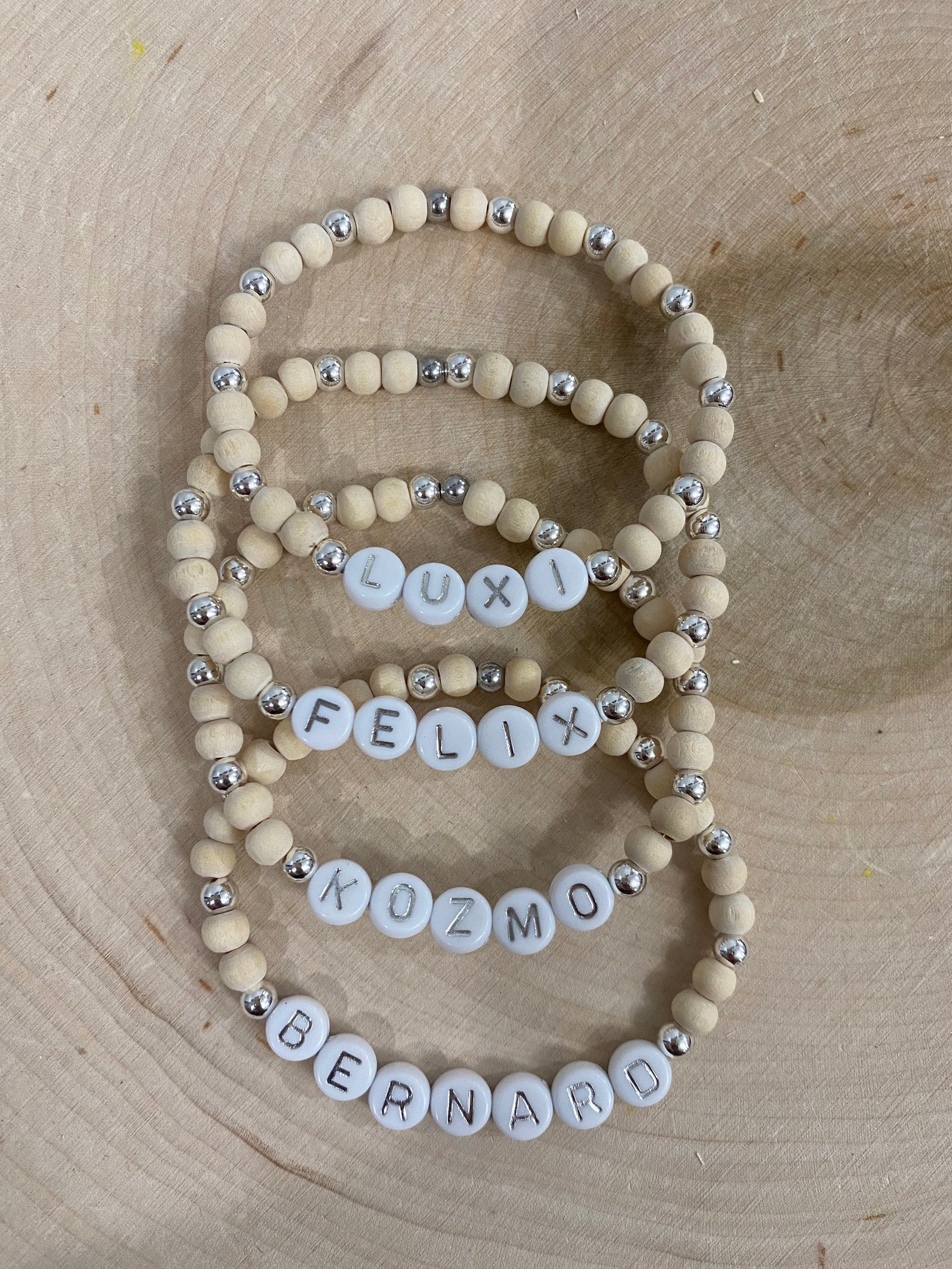 Children Name Bracelets, Natural Wood Bracelets, Personalized Beaded ...