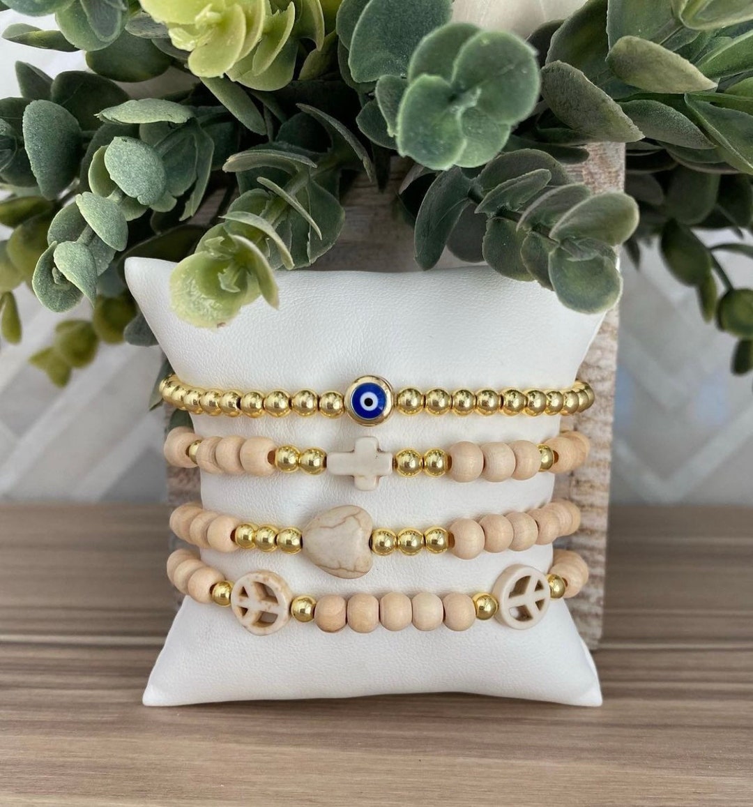 Protection Bracelets, Boho Bracelet Stack, Wood Bead Bracelets, Gold ...