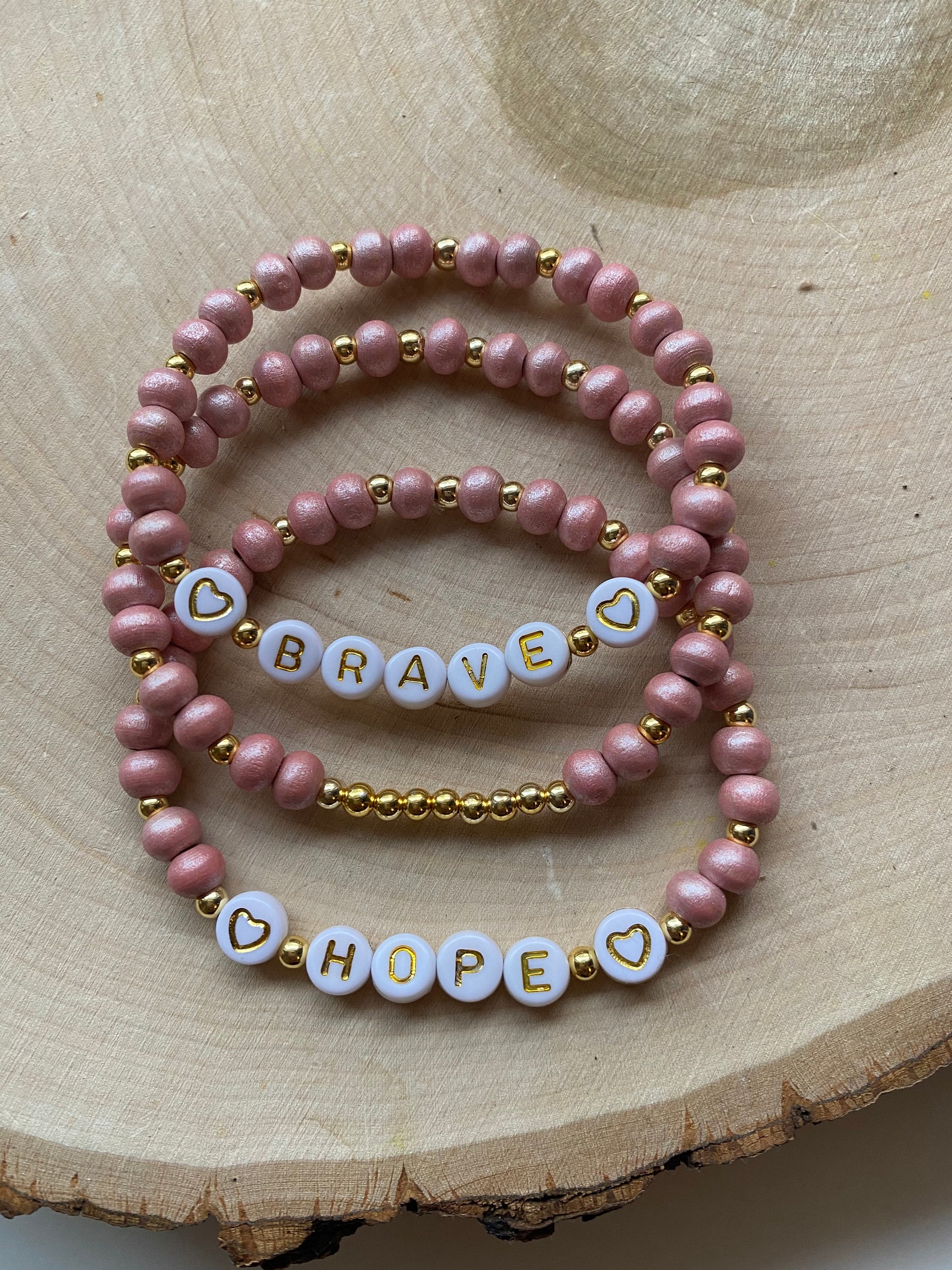 Breast Cancer Awareness Bracelets,boho Bracelet Stack,wood Bead ...