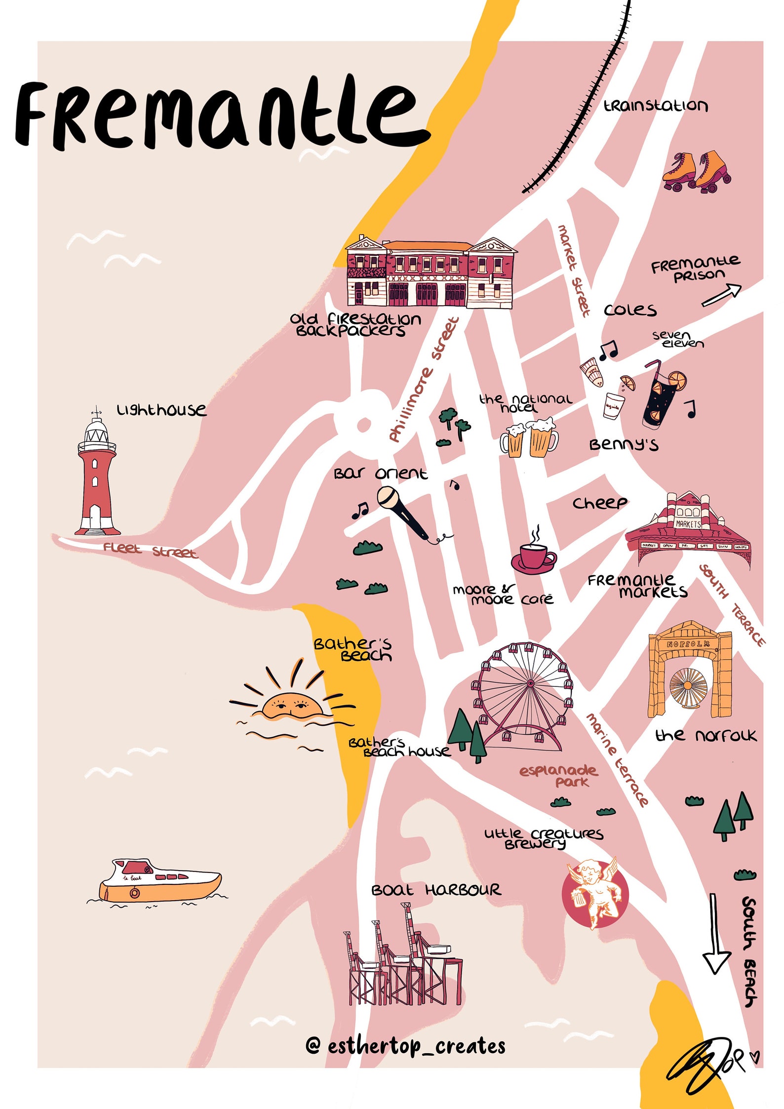 A4 Map of Fremantle Australia Illustrated Art Print Backpackers ...