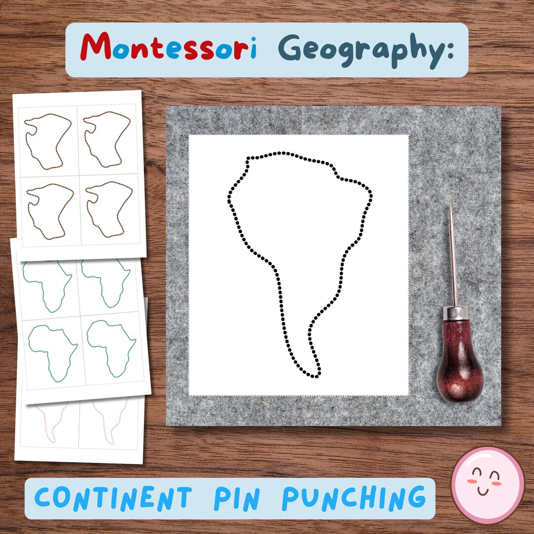 Montessori Continent Pin Punching Pages, Blackline and Colored Pages ...