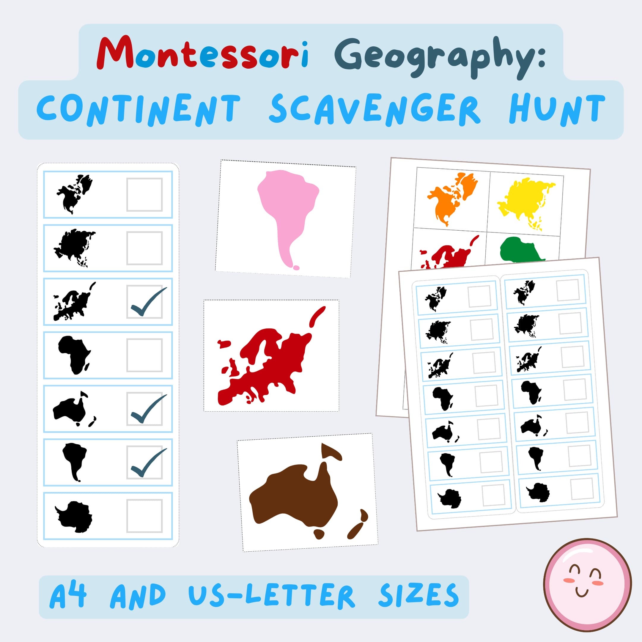 Continent Scavenger Hunt, Silhouette List With Colored Cards ...