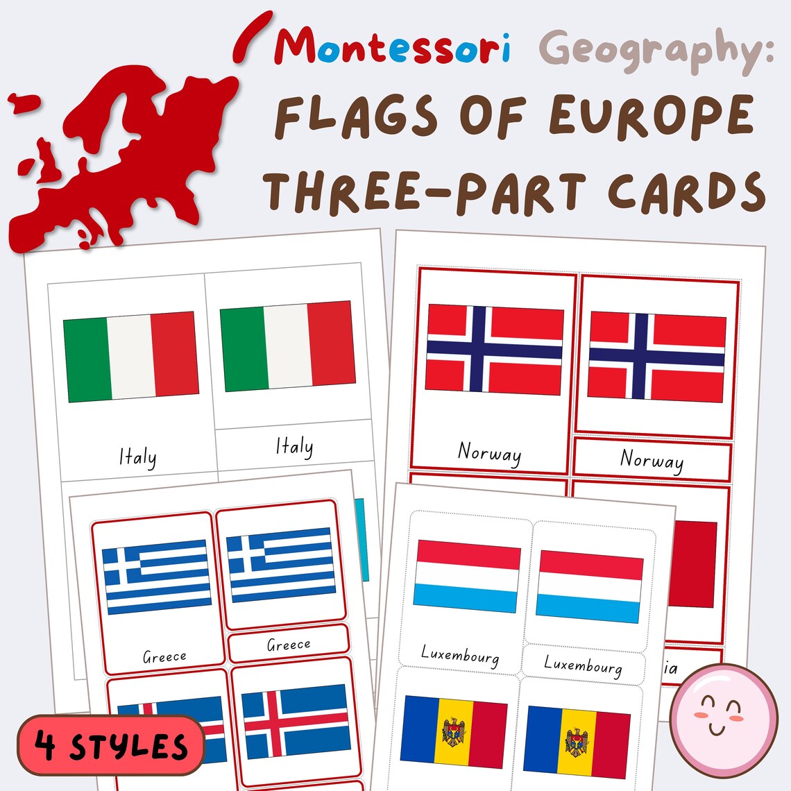 Flags of Europe 3-part Cards, Countries of Europe, Montessori Geography ...