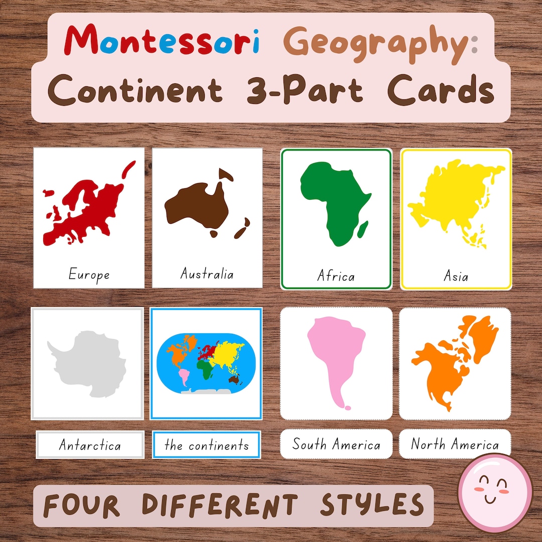 Montessori 3-part Continent Cards, Preschool Montessori Nomenclature ...
