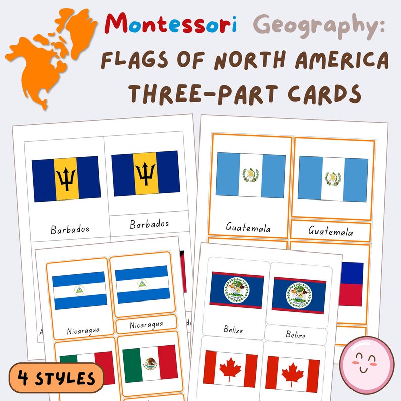 Flags of North America 3-part Cards, Countries of North America ...