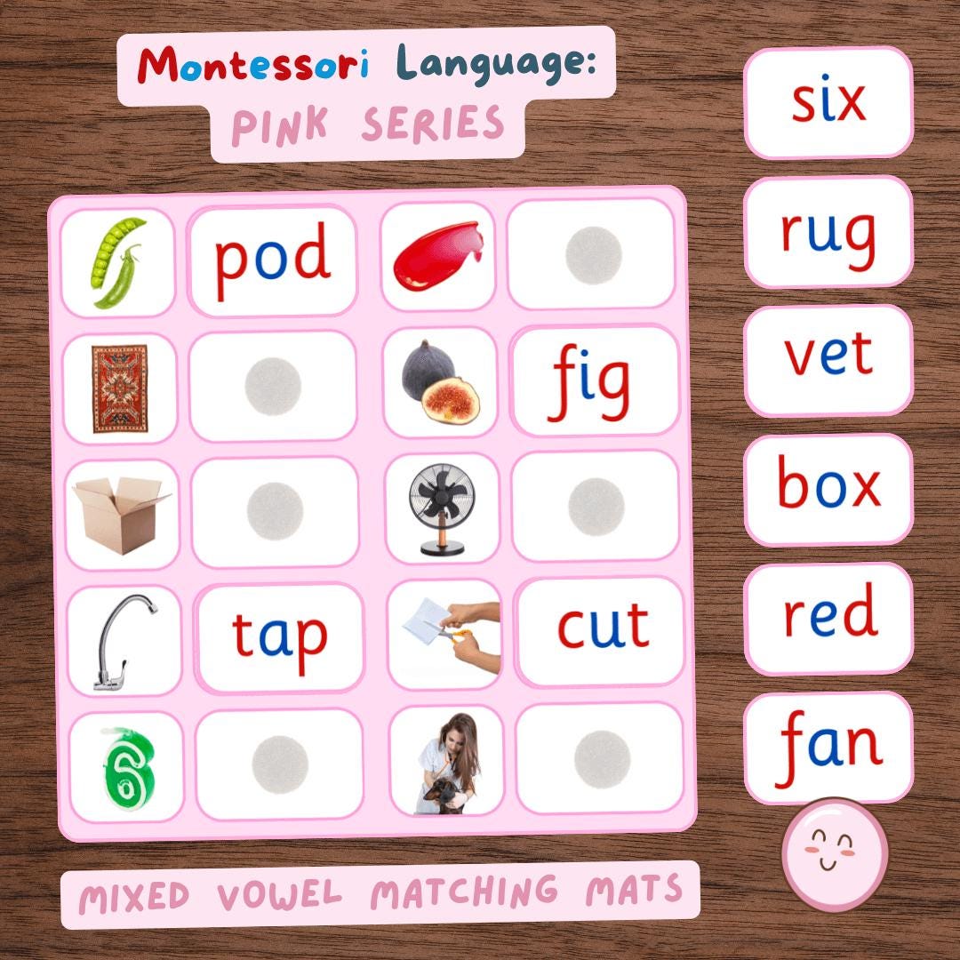 Montessori Pink Series: Mixed Vowel Matching Mats (90 Real Photos and ...