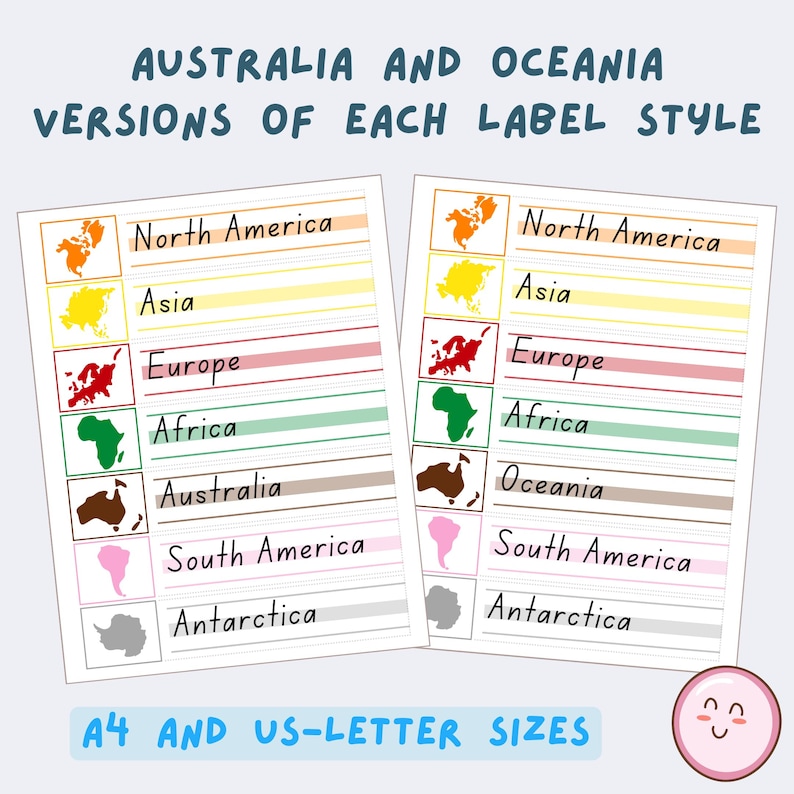 Write the Room Continents, Silhouette Writing Sheet With Colored Labels ...