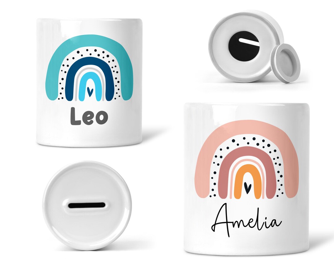 Personalised Rainbow Money Box, Boho or Blue Ceramic Piggy Bank for ...