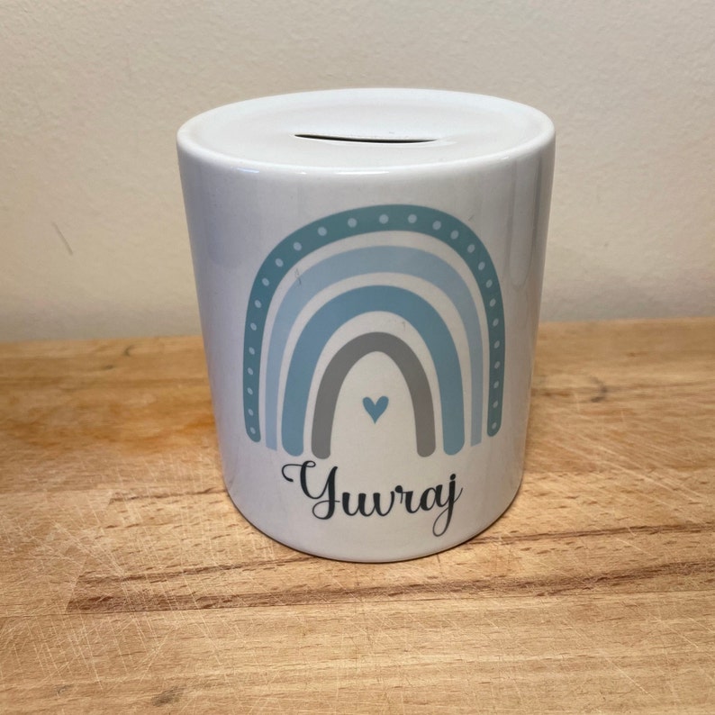 Personalised Rainbow Money Box Pink or Blue Ceramic Piggy - Etsy UK