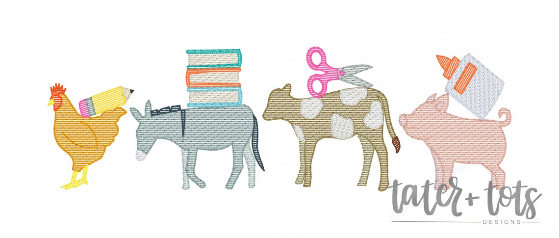 Back to School Farm Animals Machine Embroidery Design File - Etsy