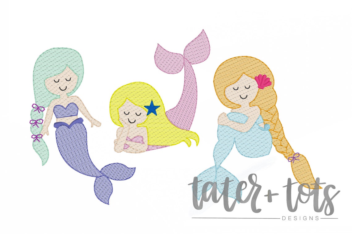Mermaid Trio Sketch Quick Stitch Machine Embroidery Design File Digital ...