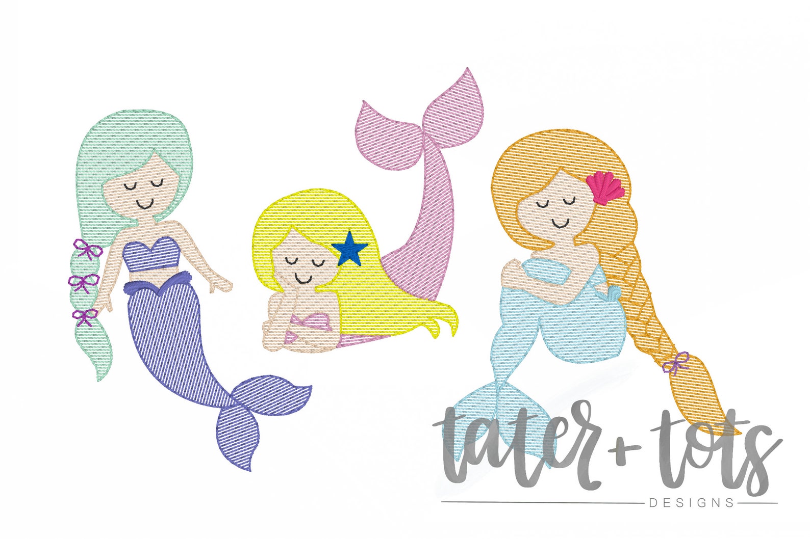 Mermaid Trio Sketch Quick Stitch Machine Embroidery Design File Digital ...