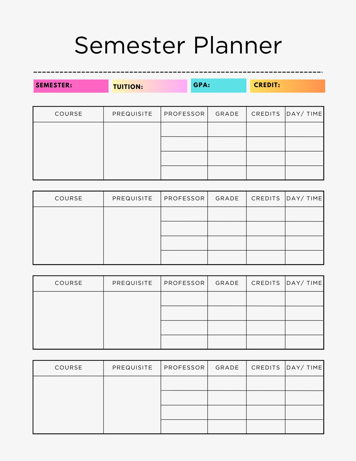 Semester Planner Printable College Semester Planner Study Planner ...