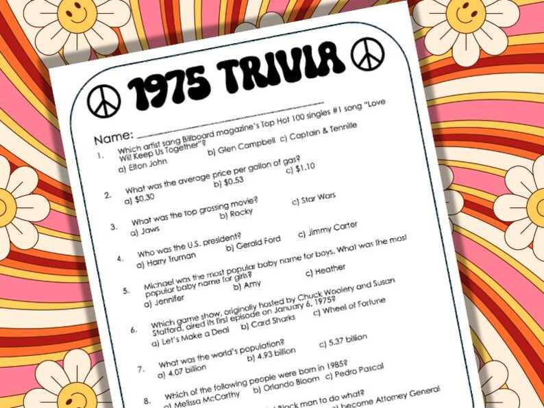 1975 Trivia Game - 50th Birthday Party Game - 1970s Trivia - Born in 1975 - 50 Years Ago Trivia ...