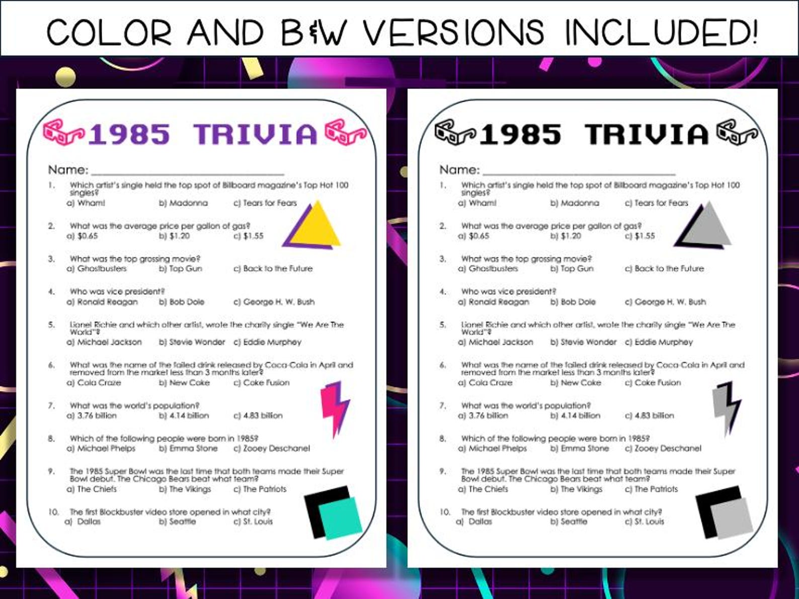 1985 Trivia Game - 40th Birthday Party Game - 1980s Trivia - Born in ...