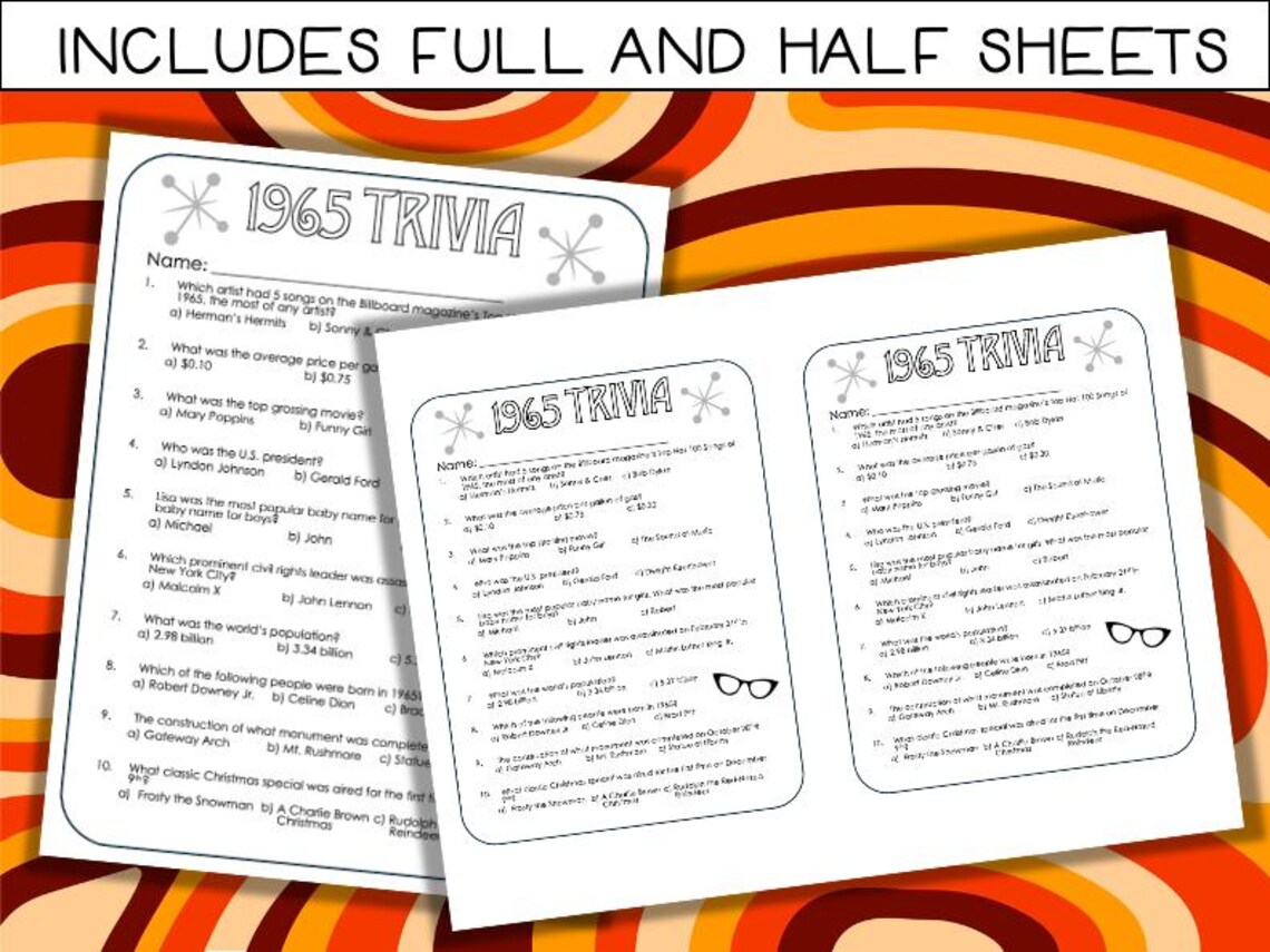 1965 Trivia Game - 60th Birthday Party Game - 1960s Trivia - Born in ...