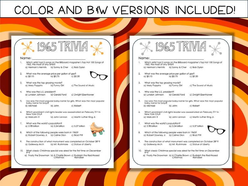 1965 Trivia Game - 60th Birthday Party Game - 1960s Trivia - Born in ...