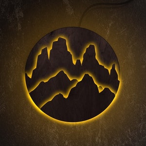 Round Mountain Art With Led, Mountain Neon Sign Wood, Mountain Led Sign ...