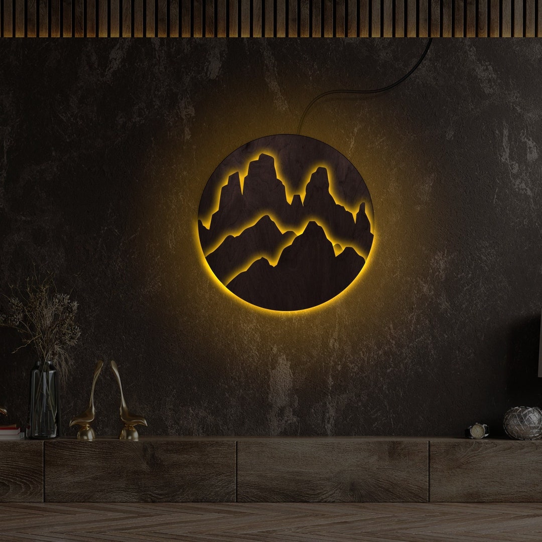 Round Mountain Art With Led, Mountain Neon Sign Wood, Mountain Led Sign ...