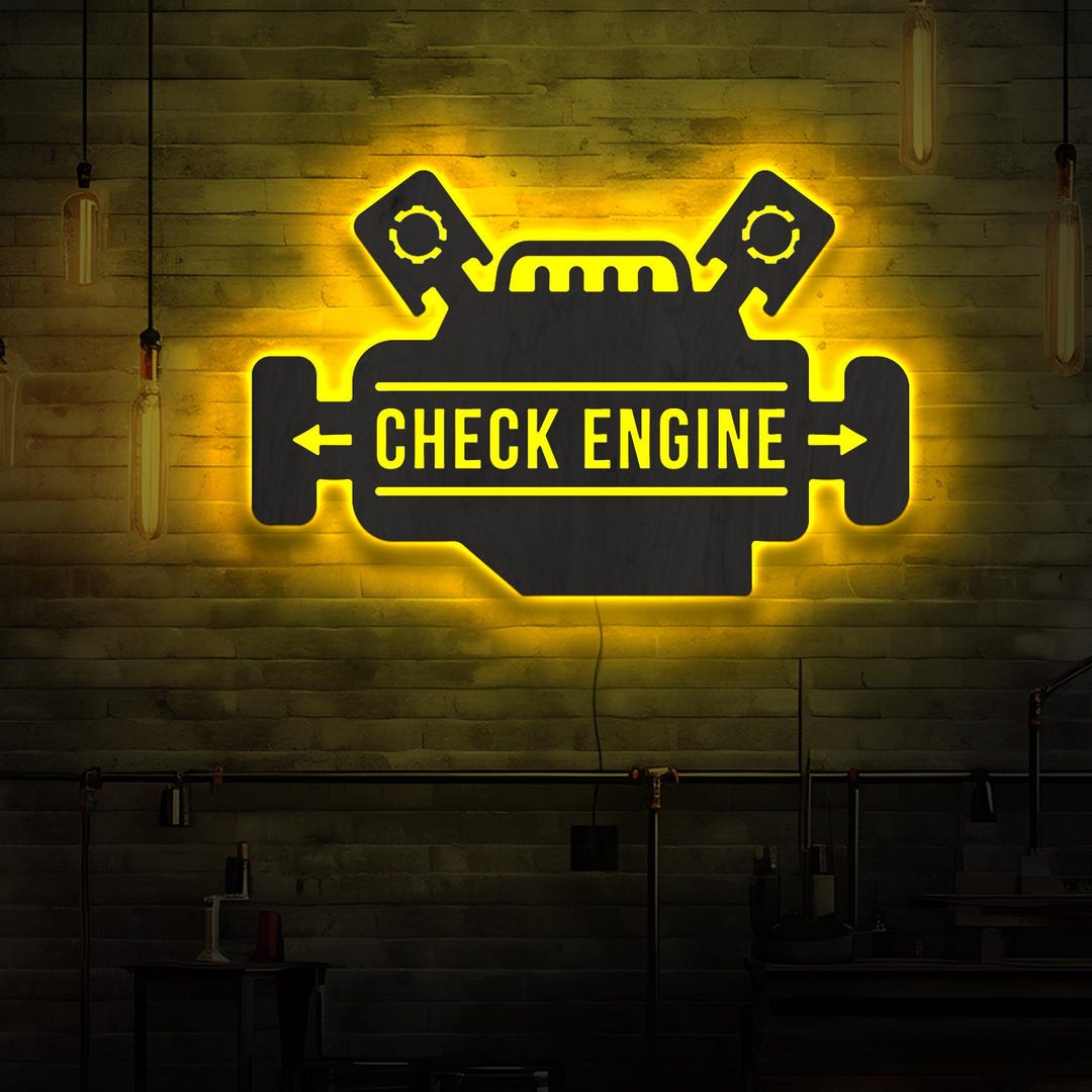 Check Engine Neon Sign, Garage Neon Sign, Wooden Engine Sign, Engine ...