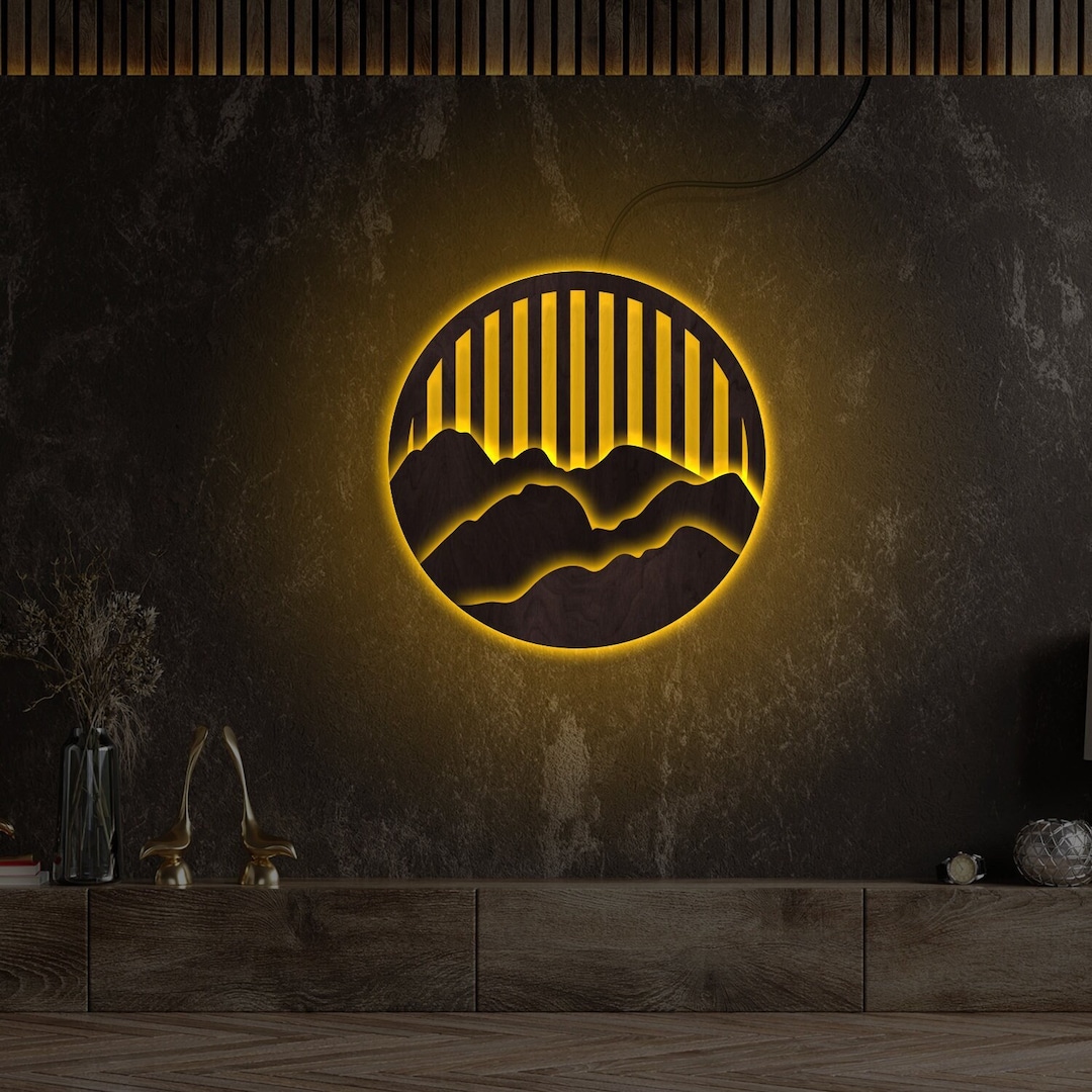 Mountains Wood Wall Art With Led, Mountain Neon Light Sign, Mountain ...