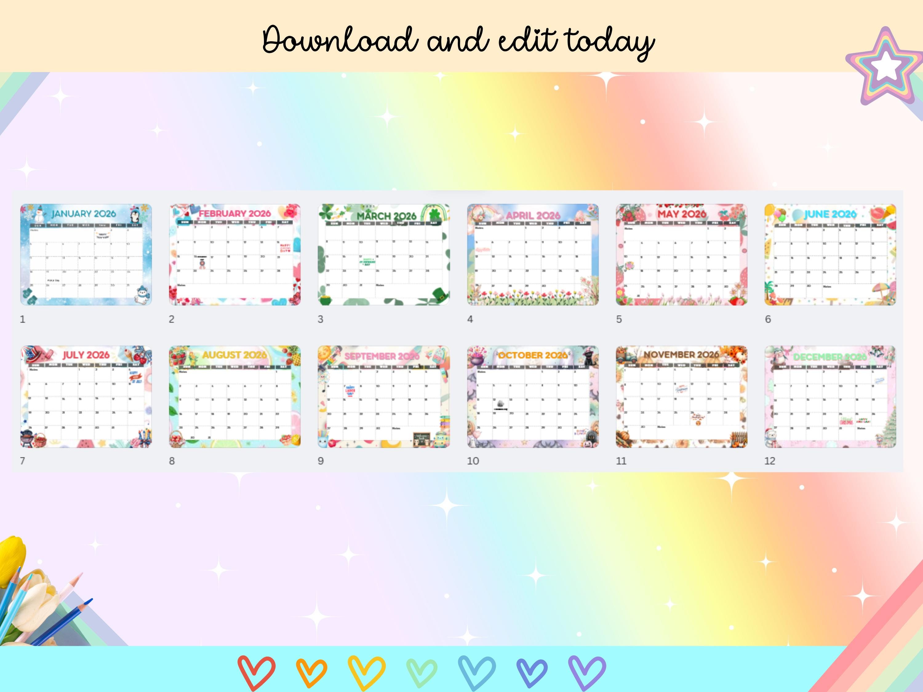 2026 Monthly Themed Calendar Canva Template | Editable Printable ...