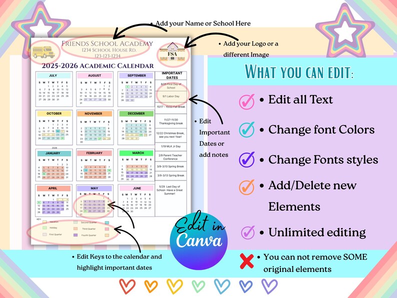 Editable Academic Calendar 2025-2027 | Year-at-a-glance Planner Canva ...