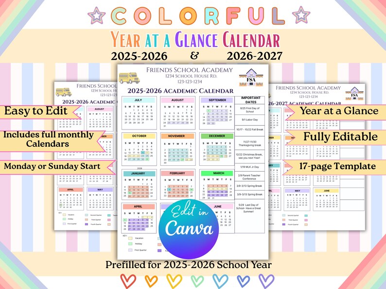 Editable Academic Calendar 2025-2027 | Year-at-a-glance Planner Canva ...