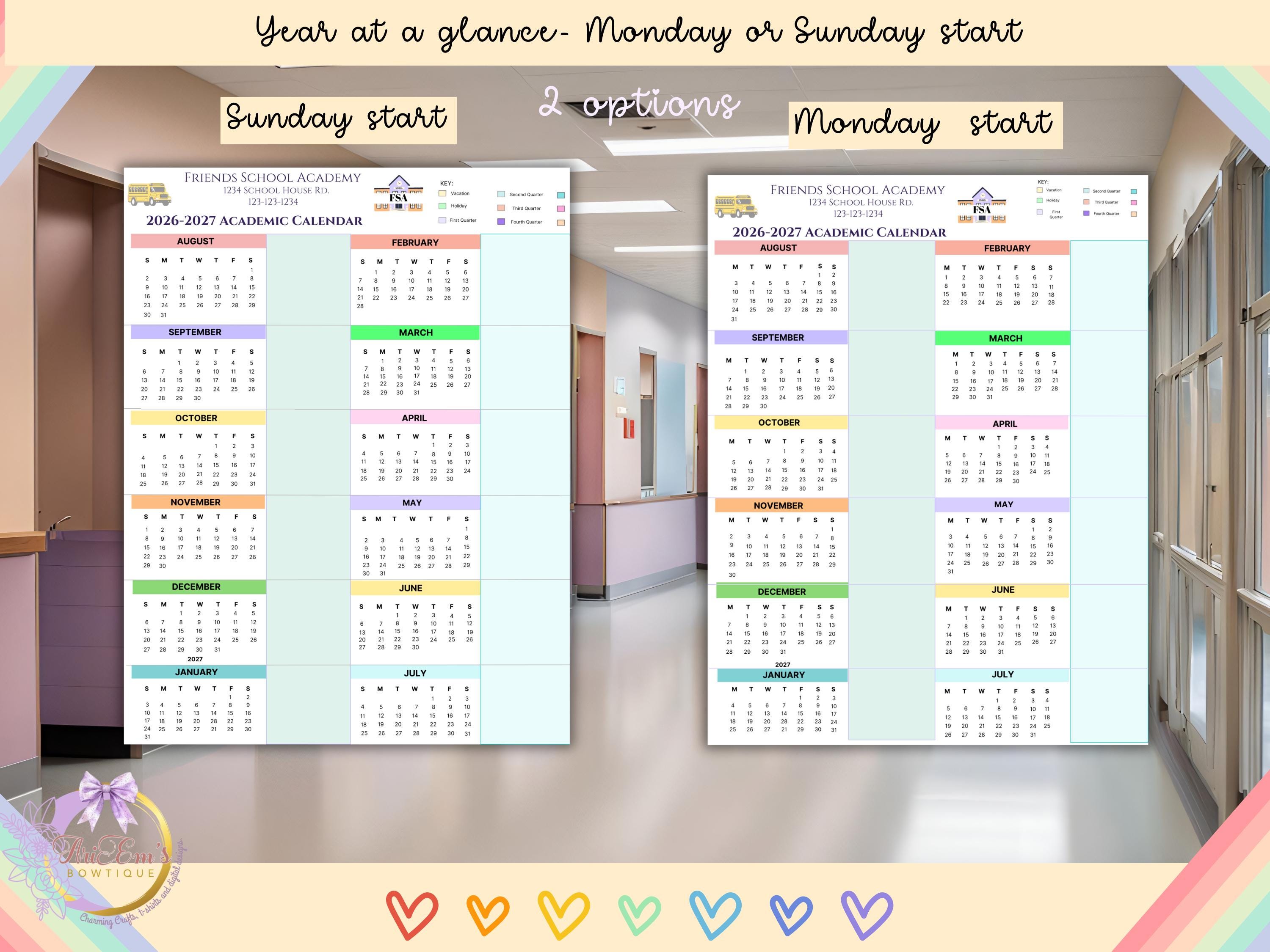 Academic Year Calendar 2026-2027 | School Year at a Glance Planner ...