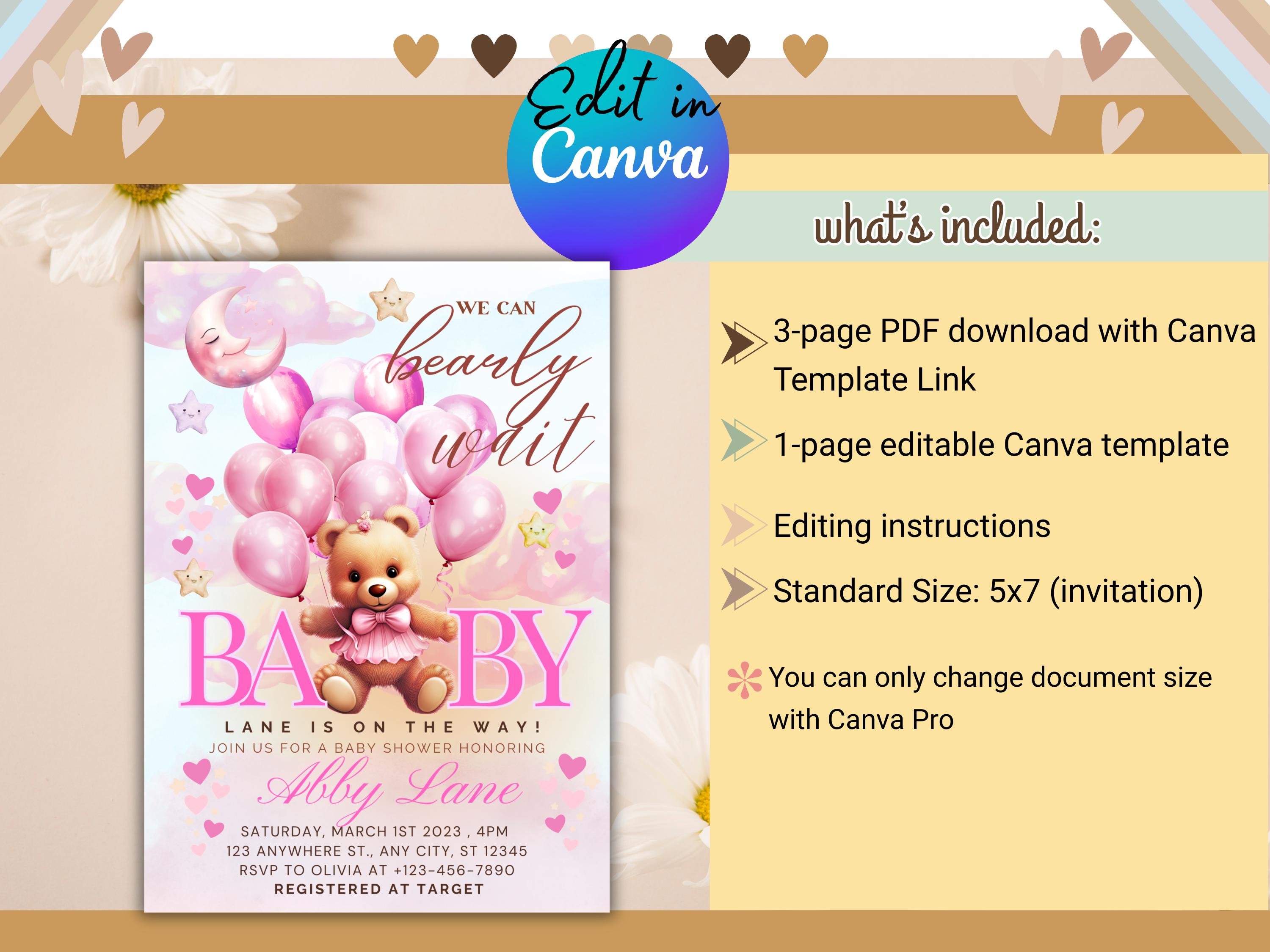 Pink Teddy Bear Baby Shower Invitation: Editable Canva Template ...