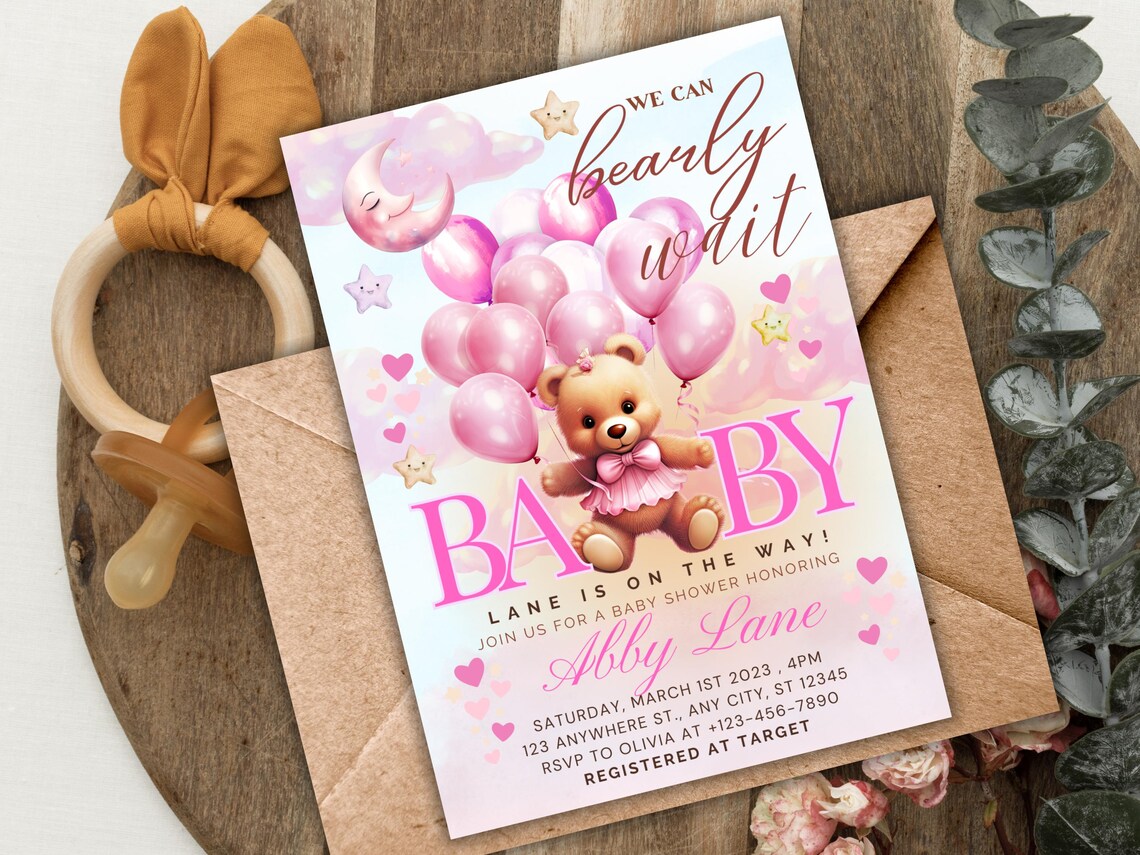 Pink Teddy Bear Baby Shower Invitation: Editable Canva Template ...