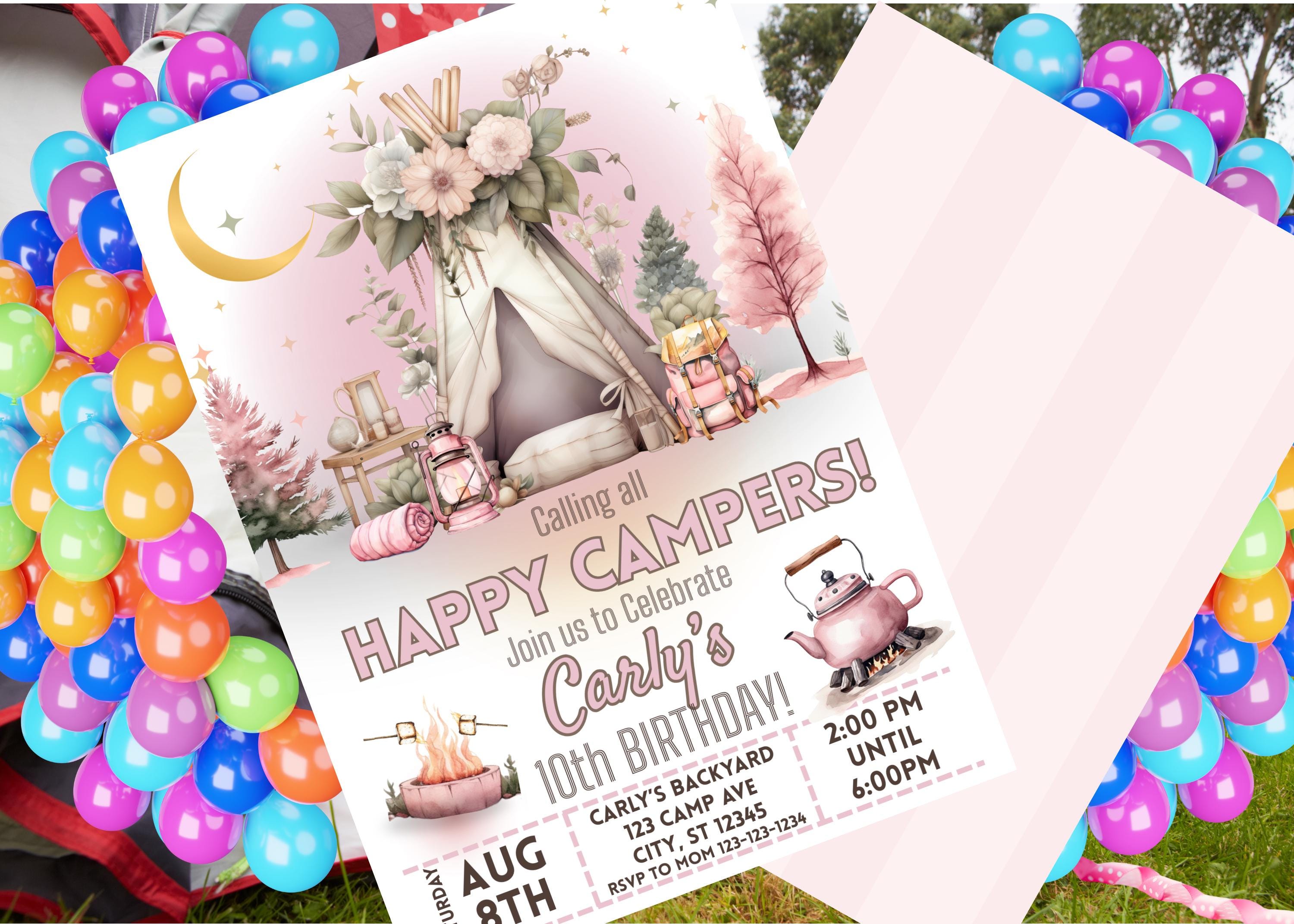 Pink Boho Camping Birthday Invitation, Glamping Card, Forest Tent Party ...