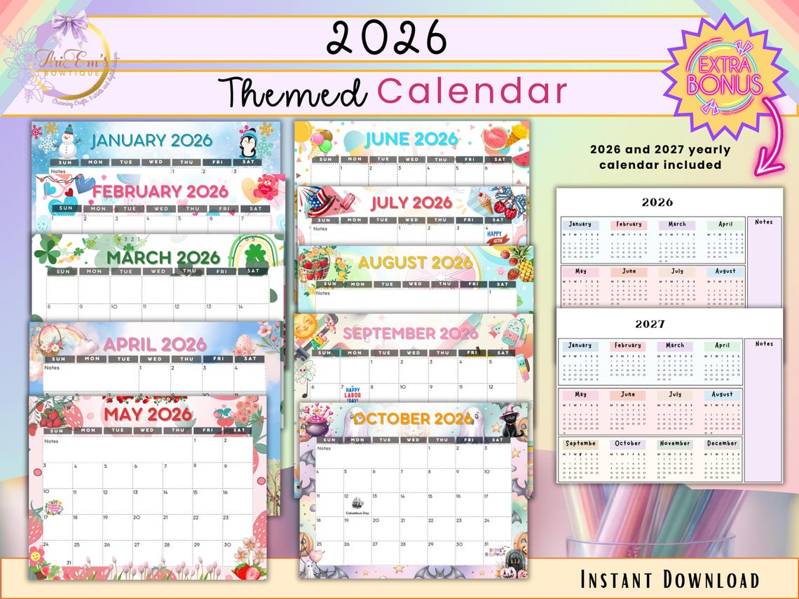 2026 Monthly Themed Calendar Canva Template | Editable Printable ...
