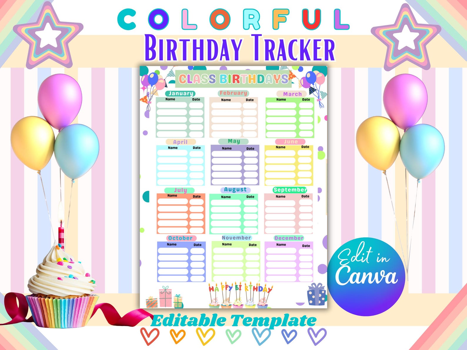 Editable Classroom Birthday Tracker: Printable Calendar, Canva Template ...