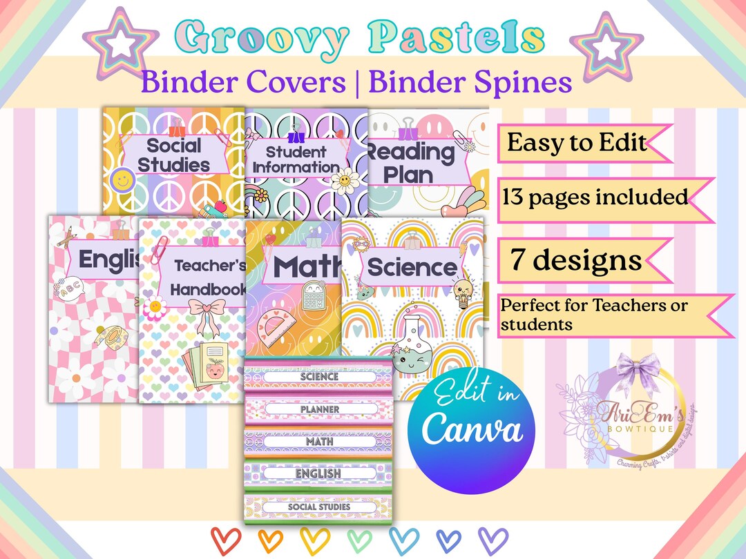 Retro Pastel Binder Covers & Spines Set | Editable Canva Teacher ...